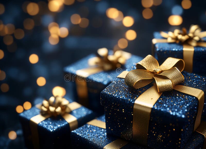 On a Dark, Reflective Surface, a Stack of Navy Blue Gift Boxes with ...