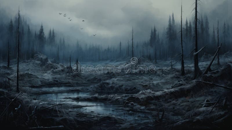 Dark River: a Frostpunk-inspired Painting of a Cryptidcore Wilderness ...