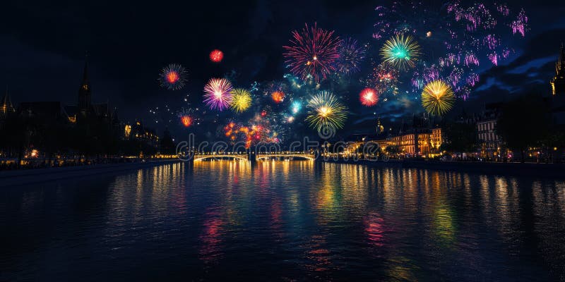 Fireworks Exploding Over the Ocean at Night Stock Photo - Image of ...