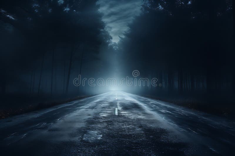 Dark Road through the Forest in a Foggy Night. 3d Rendering Stock ...