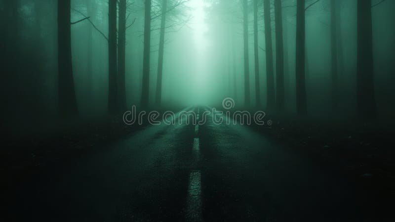 A Dark Road in the Middle of a Foggy Forest at Night Stock Image ...