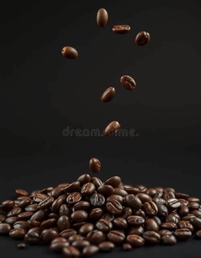 Coffee Beans Cascading Above a Mound of Roasted Dark Coffee Beans ...