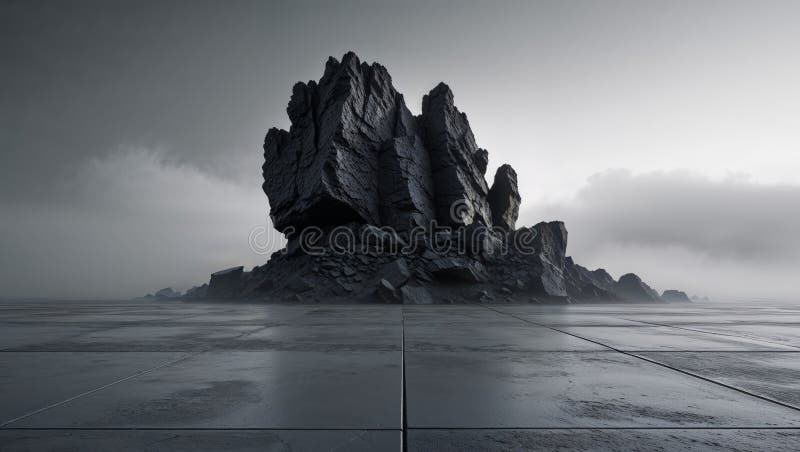 Dark Rock Formation Emerging from Concrete Floor with Misty Sky ...