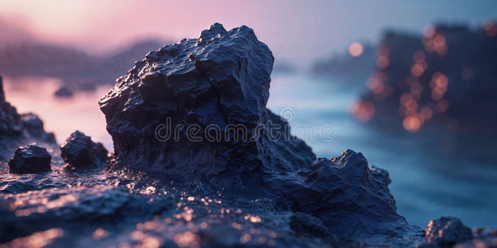 Dark Rock Formation Overlooking Blurry Waterscape Background Texture ...
