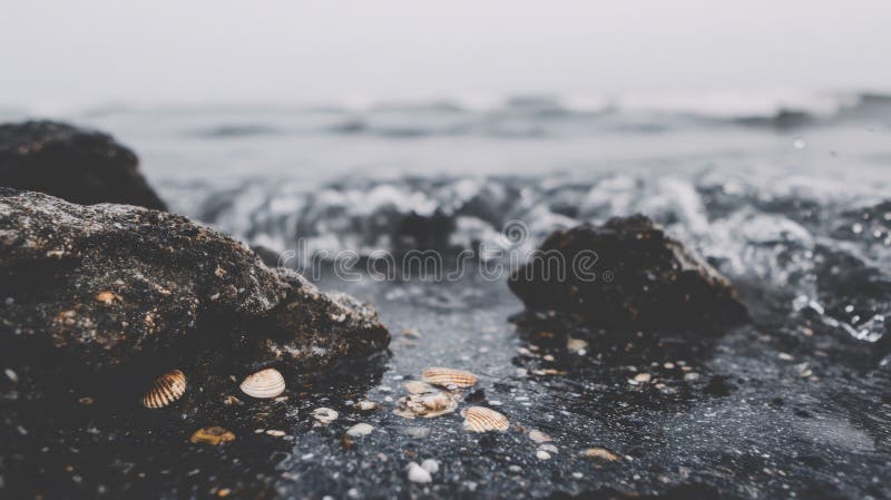 Dark Rocks and Shells on a Tranquil Beach Stock Illustration ...
