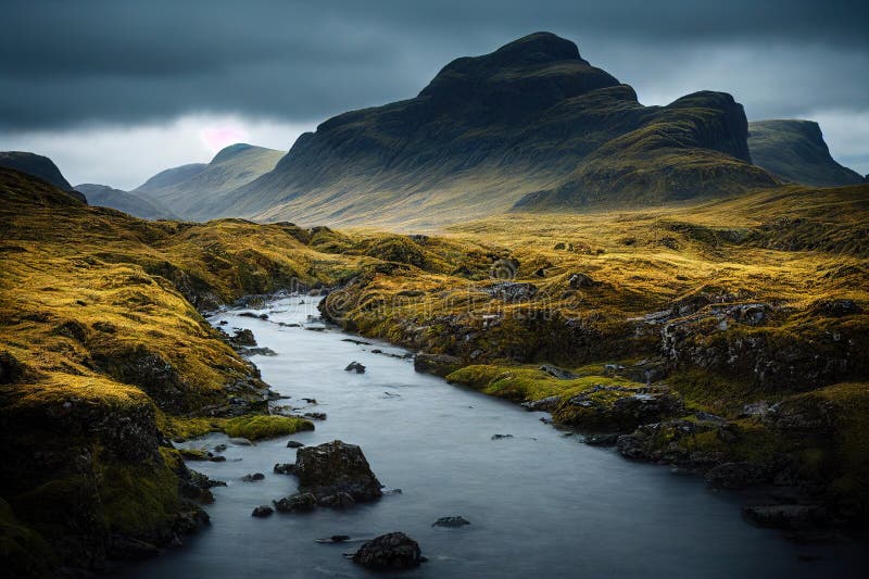 Dark Rocky Mountain River Flowing through Desert Valley Stock ...