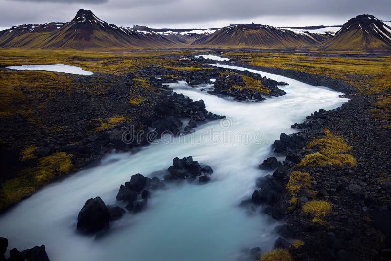 Dark Rocky Mountain River Flowing through Desert Valley Stock ...