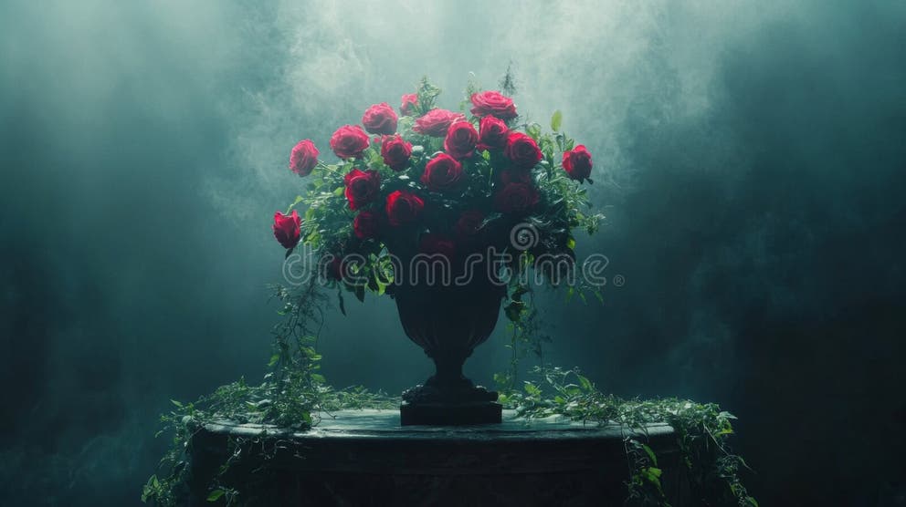 Dark Romantic Red Roses in an Urn Stock Illustration - Illustration of ...