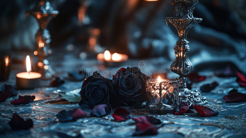 Dark Romantic Setting with Black Roses and Velvet Background Stock ...