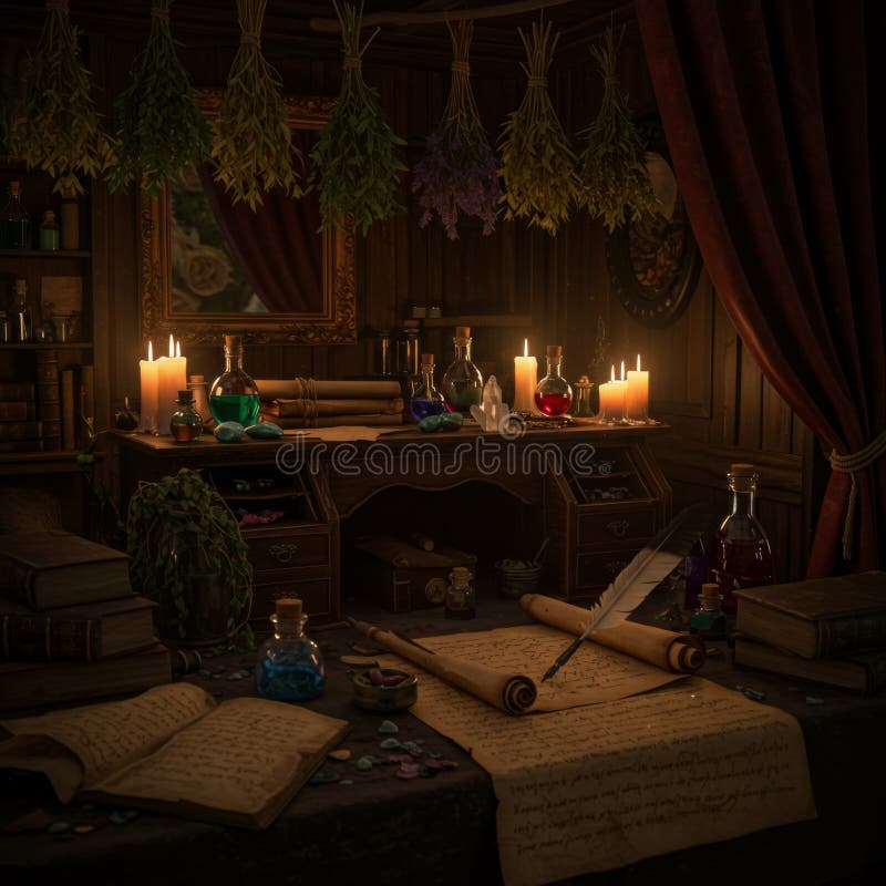 Dark Room with Alchemical Study and Herbal Potions Stock Illustration ...