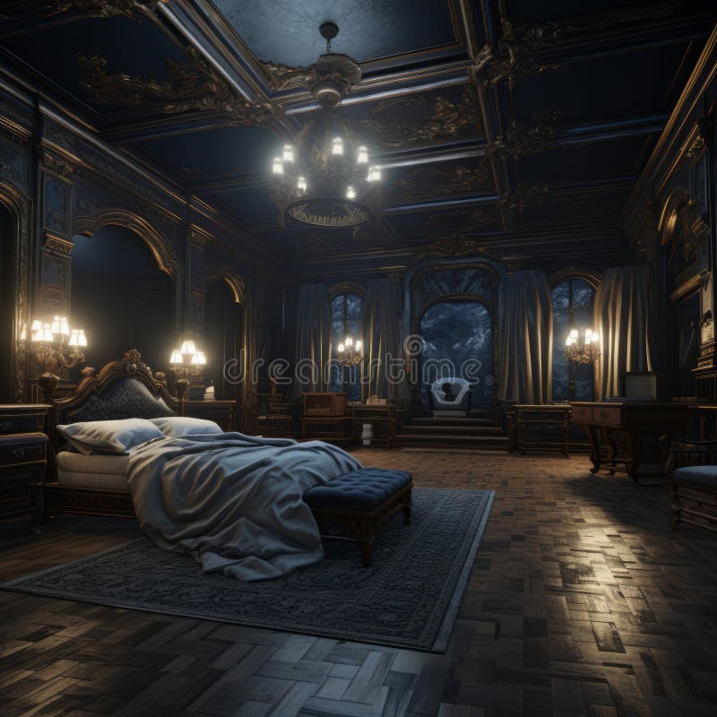 A Dark Room with a Bed and a Chandelier Stock Illustration ...