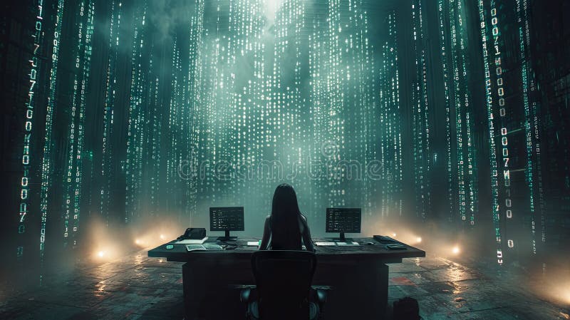 A Dark Room with Binary Code and Data Flowing in the Air. a Computer ...