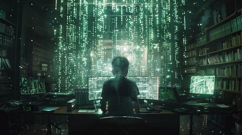 A Dark Room with Binary Code and Data Flowing in the Air. a Computer ...