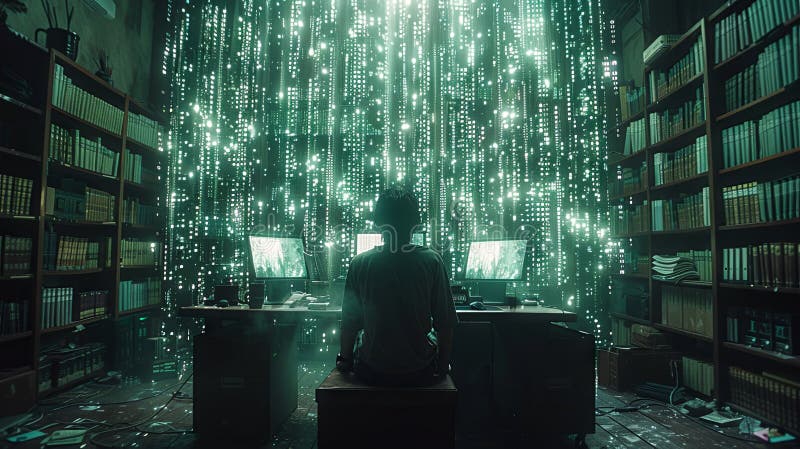 A Dark Room with Binary Code and Data Flowing in the Air. a Computer ...