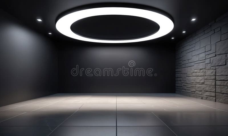 A Dark Room with a Circular Ceiling Light and Stone Wall Stock Image ...