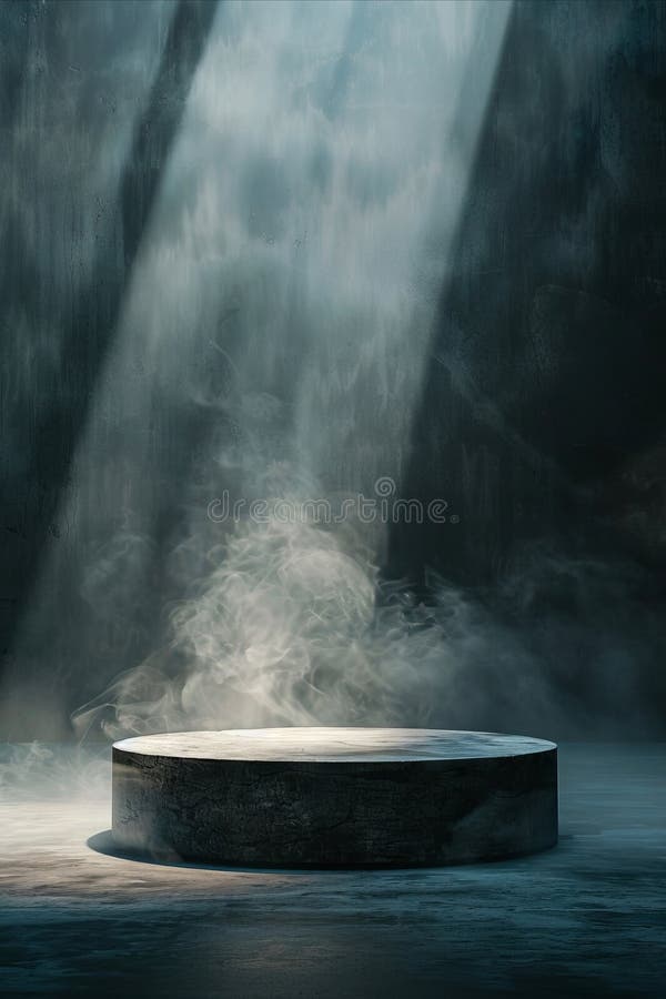 A Dark Room with a Circular Platform and Light Beams Stock Photo ...