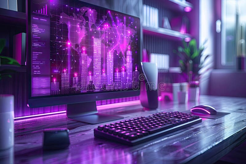 A Dark Room with a Computer on a Desk. the Computer is Displaying a Map ...