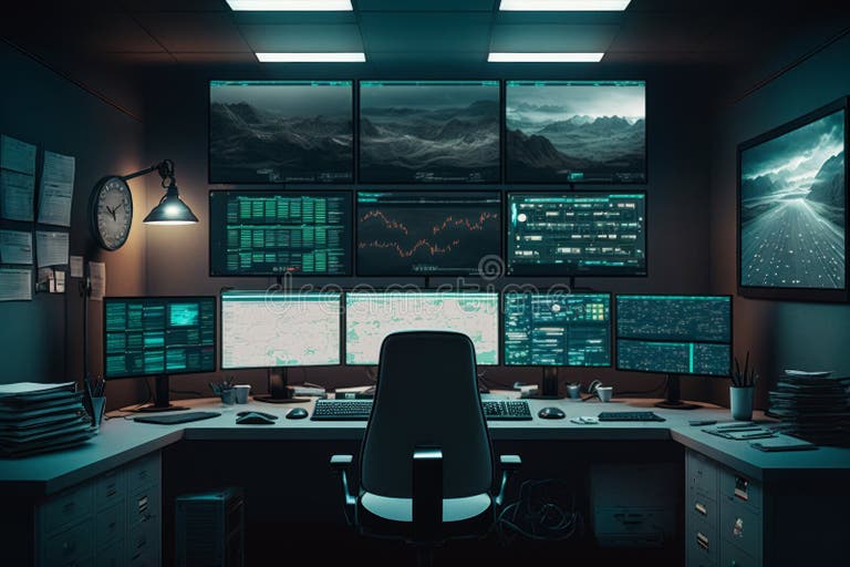 Dark Room with Computer Desk and Monitors. Generative AI Stock ...