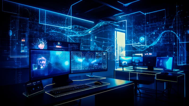 Dark Room with Computers and Monitors. Generative AI Stock Illustration ...
