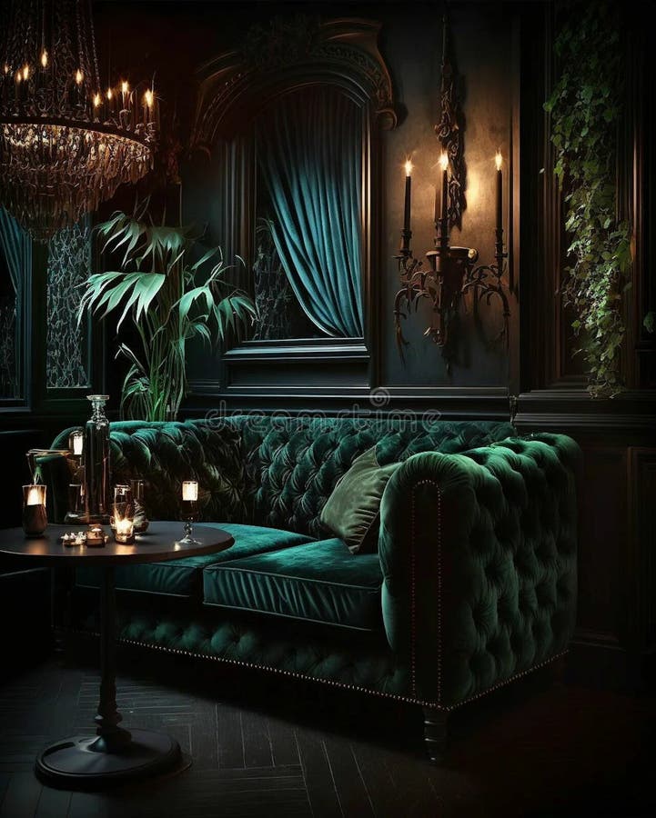 The Dark Room is Decorated with a Plant and a Candle. Stock ...