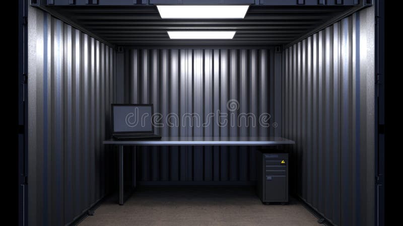 A Dark Room with a Desk, Computer, and Cabinet. Stock Photo - Image of ...