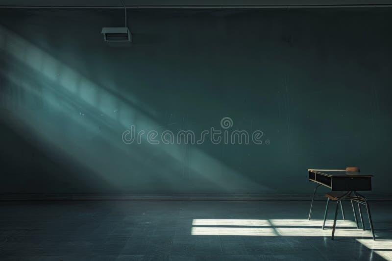 Dark Room with an Empty Desk and Chair Under a Light, Highlighting ...