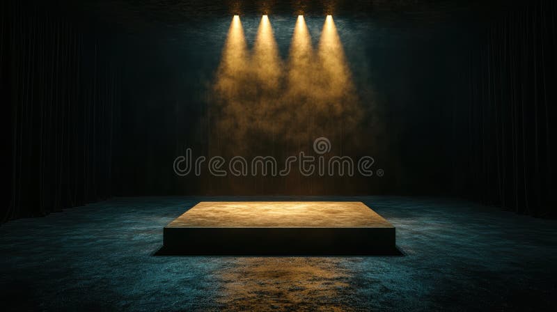 A Dark Room with an Empty Rectangular Stage Illuminated by Four Warm ...