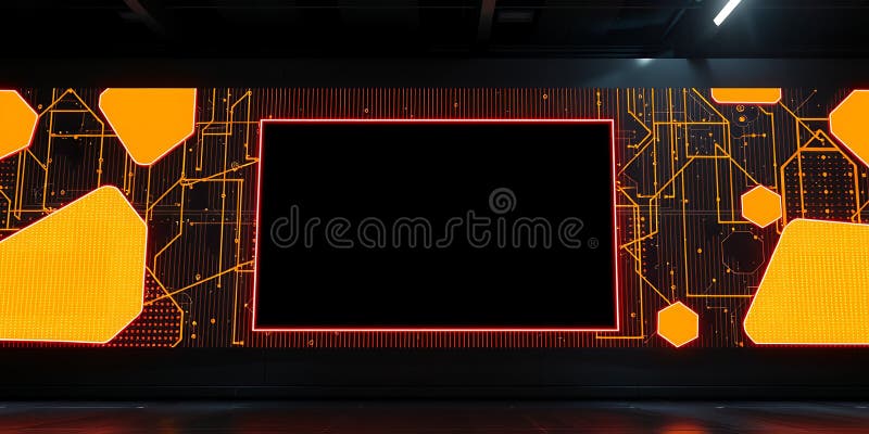 A Dark Room Featuring an Orange Circuit Board Design and a Red Neon ...