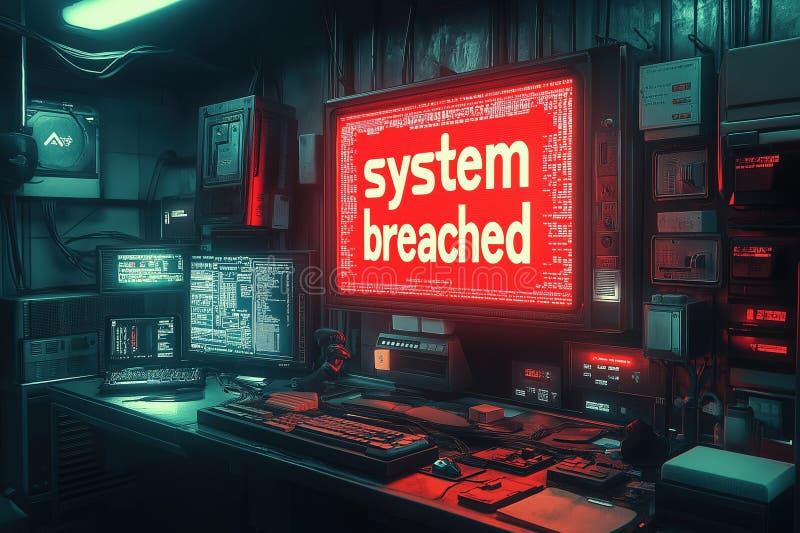Dark Room Filled with Computers Displaying Warning of a System Breach ...