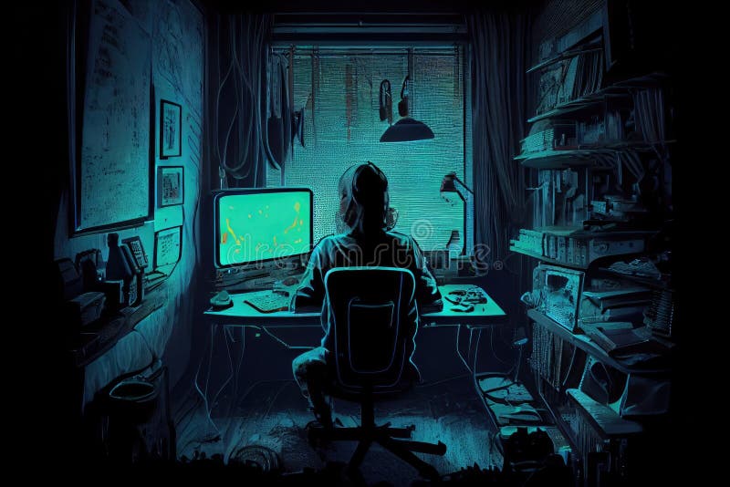 Dark Room, Filled with Glow of Computer Screen and Hacker Hard at Work ...