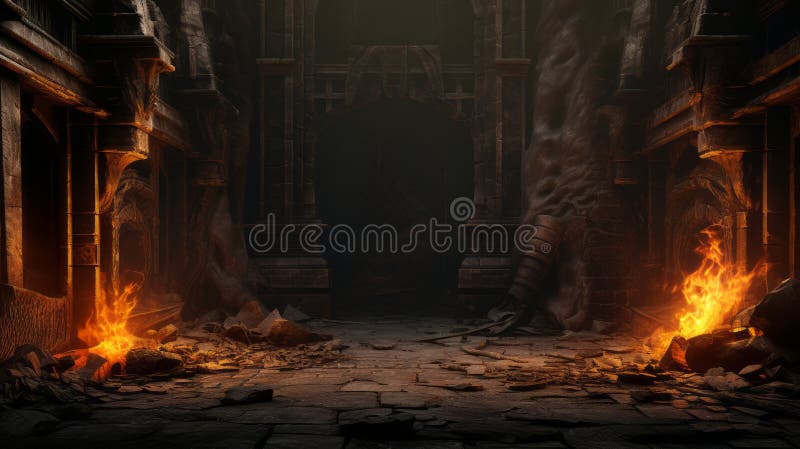 A Dark Room with Fire and Rubble in it Stock Illustration ...