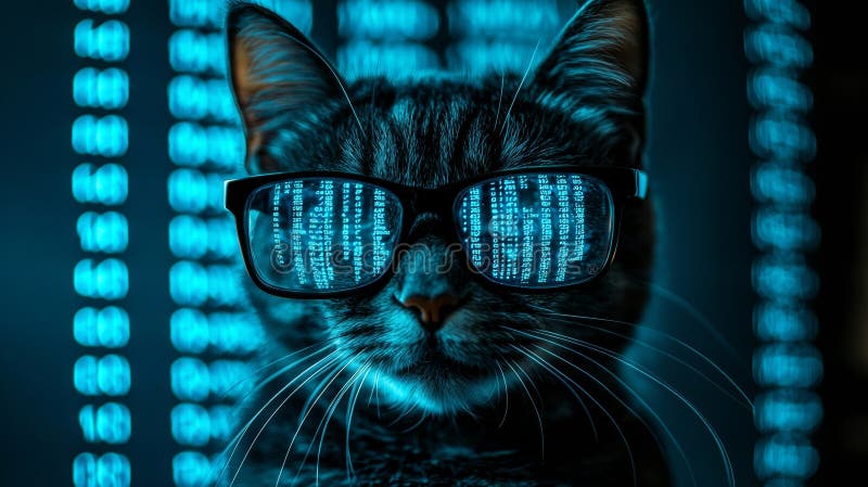 In a Dark Room, a Funny Cat Hacker Sits at a Computer, Cyber Data ...