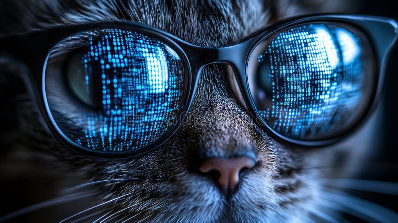 In a Dark Room, a Funny Cat Hacker Works at a Computer, with Cyber Data ...