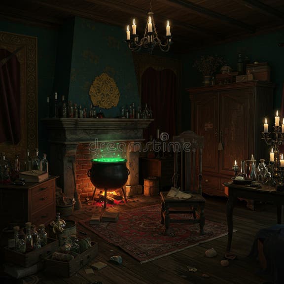 Dark Room with Green Potion in Cauldron by Fireplace Stock Illustration ...