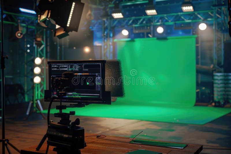 Dark Room with a Green Screen Setup, Ideal for Video Production Stock ...