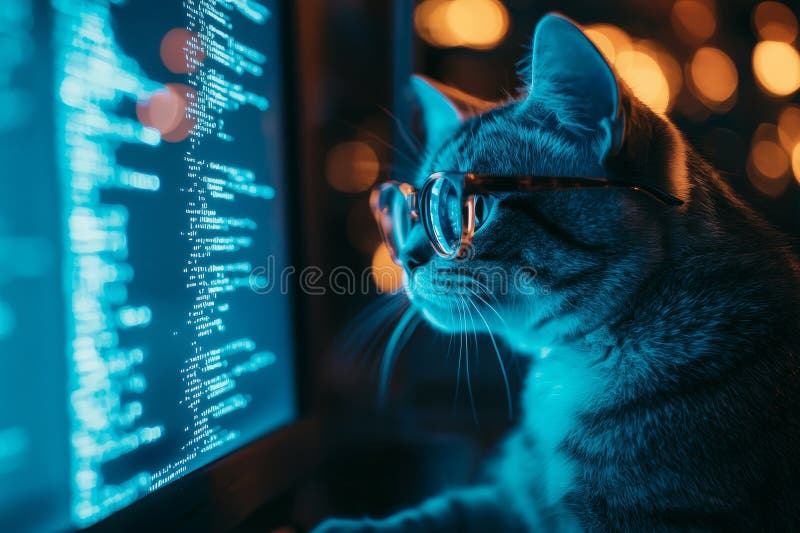 In a Dark Room, a Hacker Cat Works at a Computer, Its Glasses ...