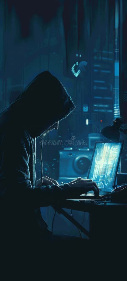 Dark Room with Hacker in Hood Using Laptop and Smartphone To Hack and ...