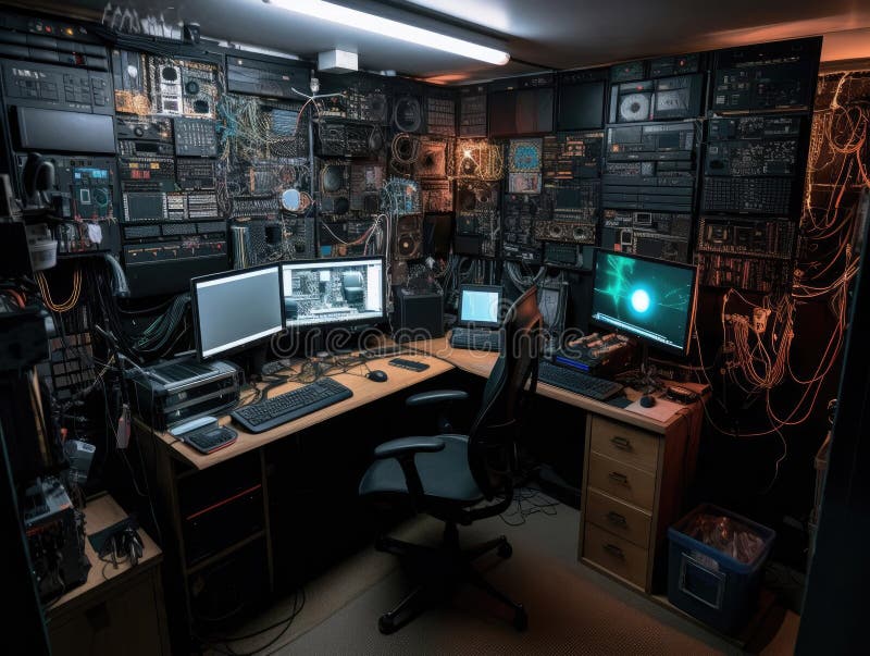 Dark Room with Hacking Software on Computer Stock Illustration ...