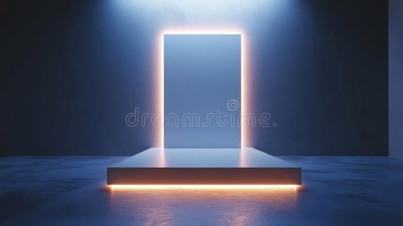 Dark Room with Illuminated Platform and Neon Lights Stock Illustration ...