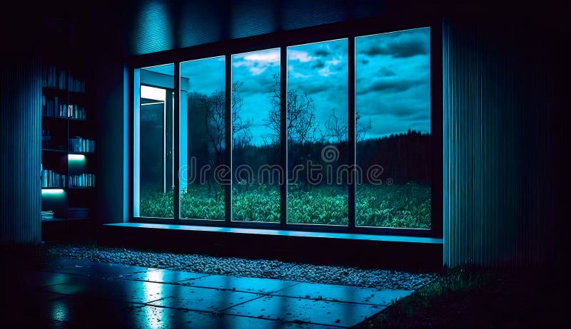 Dark Room with Large Window that is Lit Up. Generative AI Stock ...