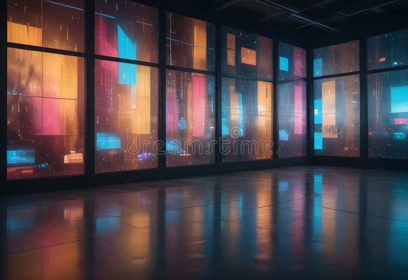 A Dark Room with Large Windows Displaying a Futuristic City Scene. the ...