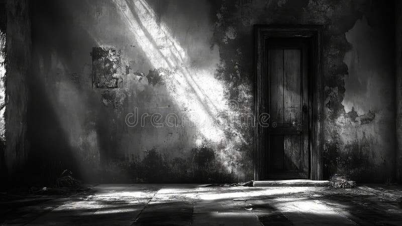Dark Room with Light Beam and Old Door Stock Illustration ...