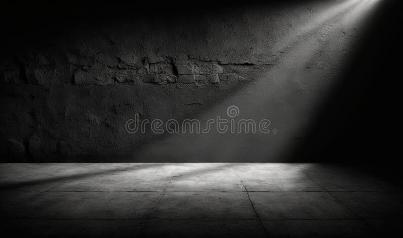 A Dark Room with a Light Coming from the Ceiling and a Brick Wall with ...