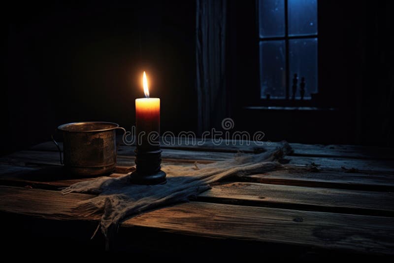 A Dark Room with a Lit Candle on a Table Stock Image - Image of ...