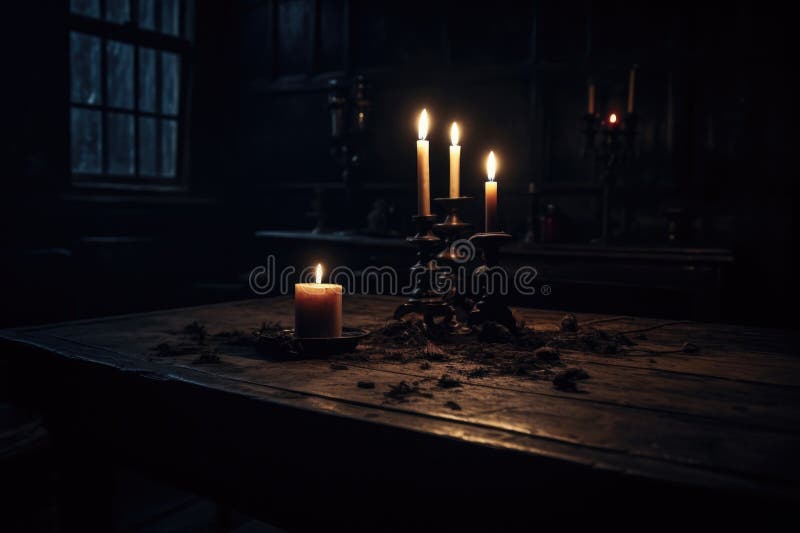 A Dark Room with a Lit Candle on a Table Stock Photo - Image of warm ...