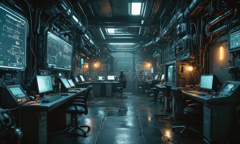 A Dark Room with a Lot of Computers and Monitors on the Tables. Stock ...