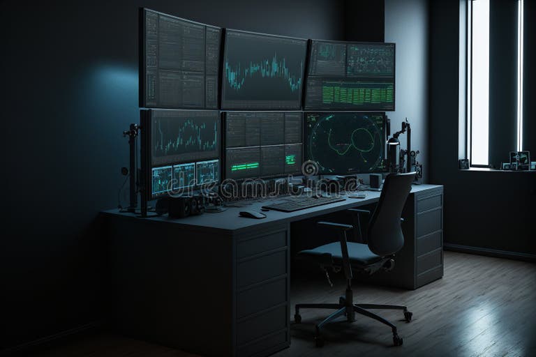 Dark Room with Many Screens As a Trading Setup with Charts on the ... Dark Room with Many Screens As a Trading Setup with Charts on the ...
