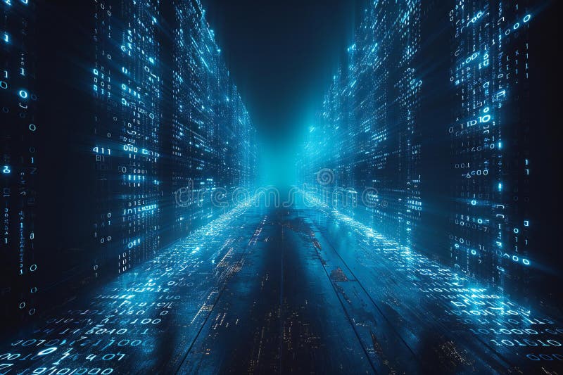 A Dark Room with a Matrix Code Glowing Blue on a Black Background. the ...