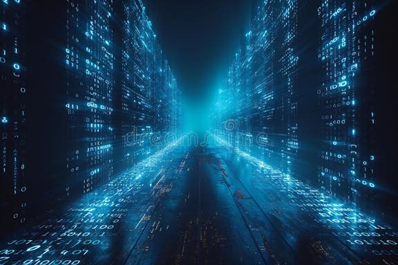 A Dark Room with a Matrix Code Glowing Blue on a Black Background. the ...