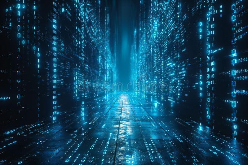 A Dark Room with a Matrix Code Glowing Blue on a Black Background. the ...